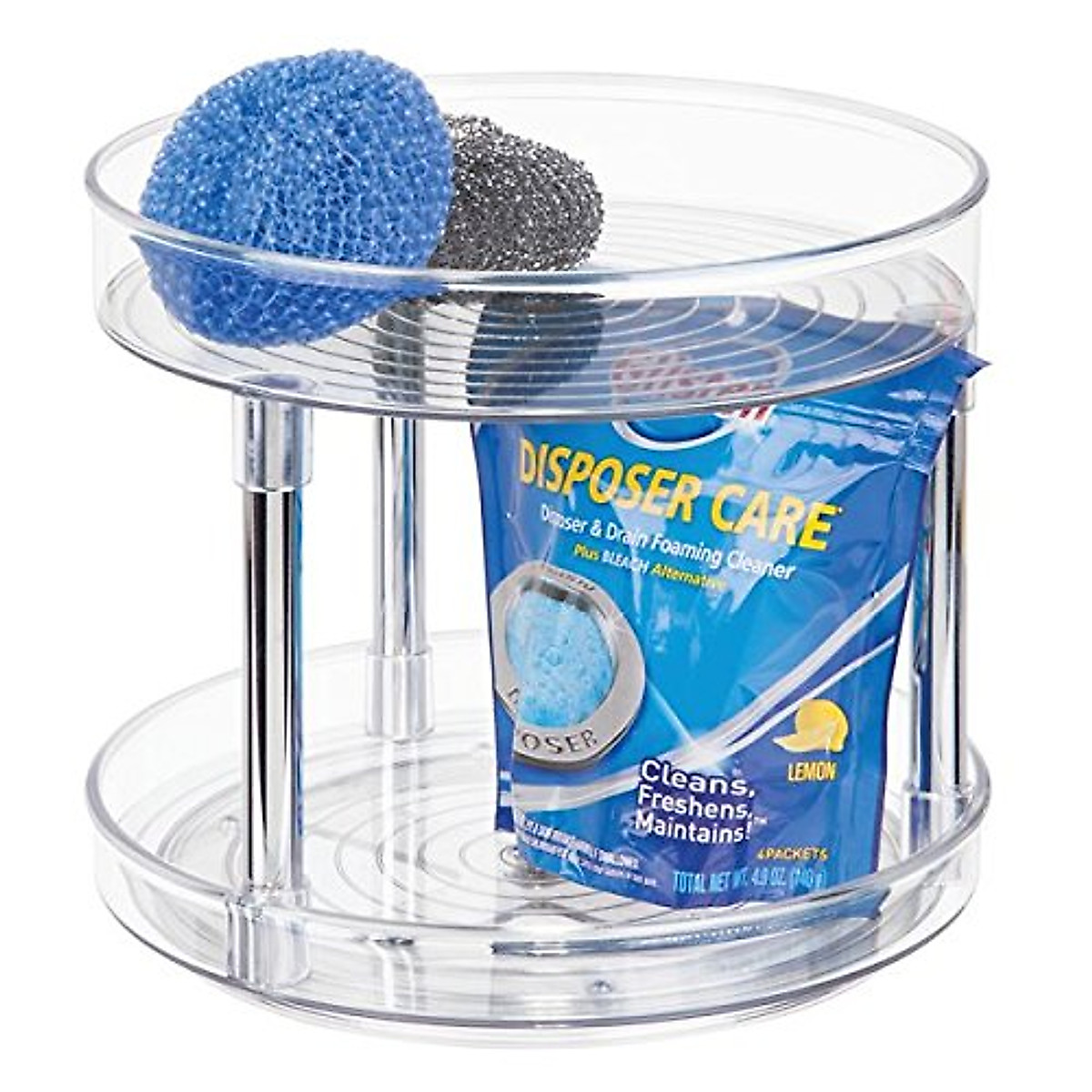 mDesign 2 Tier Lazy Susan Turntable Food Storage Container for Cabinets, Pantry, Fridge, Countertops - Raised Edge, Spinning Organizer for Spices, Condiments - 9" Round - Clear/Chrome