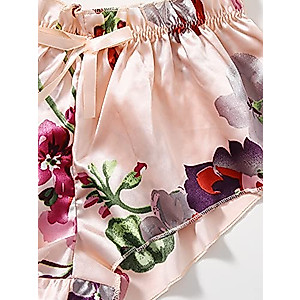 WDIRARA Women's Pajamas Set Lace Satin Lingerie with Cami Floral Shorts Sleepwear Pink L