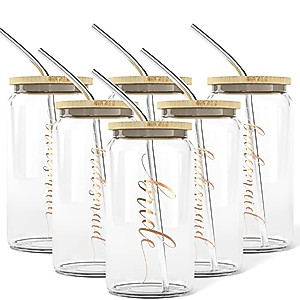 Bride to Be Iced Coffee Cup with Bamboo Lids and Straws | 16 oz Mason Jar Cups | Bridesmaid Proposal Gifts, Bridal Shower Favors, Bachelorette Party Supplies & Bride Tribe | Rose Gold - Set of 6