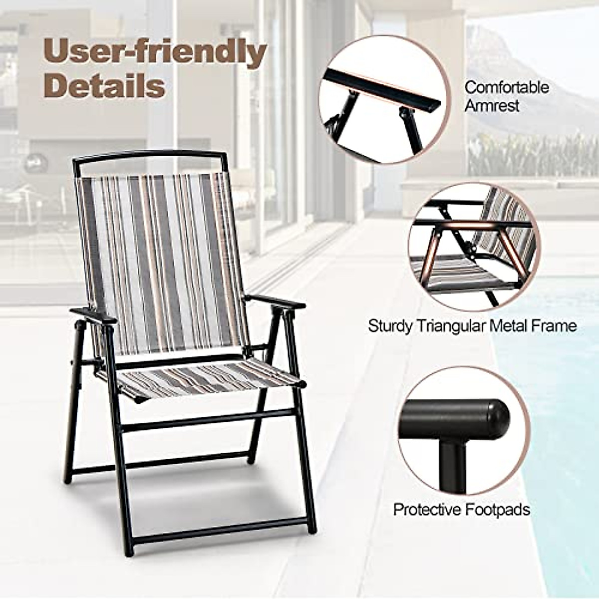Tangkula Patio Folding Chairs Set of 2, Portable Sling Lawn Chairs with Metal Frame, Footpads, 330 lbs Load Capacity, Outdoor Patio Dining Chairs for Porch Patio Garden Backyard, No Assembly