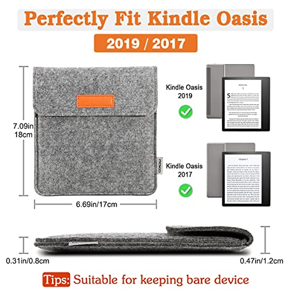 MoKo Sleeve Compatible with Kindle Oasis 2019/2017, Protective Felt Accessories Cover Case Pouch Bag with Dual Pockets Fits 7 Inch Kindle Oasis E-Reader, Light Gray