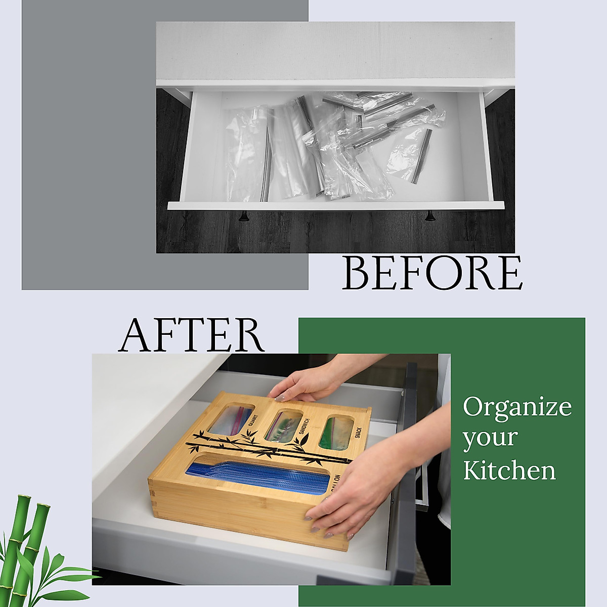 randomgrounds Zipper Bag Storage Organizer for Drawer - Artistic Design 100% Bamboo Wooden Zipper Plastic Sandwich Baggie, Zipper Home Kitchen Pantry Organization Holder with Magnetic Lock