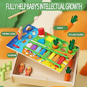 weluyyyi Montessori Toys for Baby Toddler,Wooden Shape Sorting Fine Motor Sensory Toy with Xylophone,Fishing Game,Carrot Harvest 4 in 1 for 3+ Year Old Preschool Learning Educational Baby Gifts