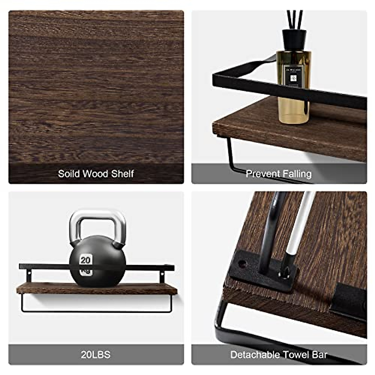 AGM Floating Shelves, Bathroom Floating Shelf Set of 2, Carbonized Black Wall Storage Shelf with Towel Bar, Wall Mounted Shelves for Plants, Book, Bathroom, Bedroom, Kitchen, Living Room Decoration