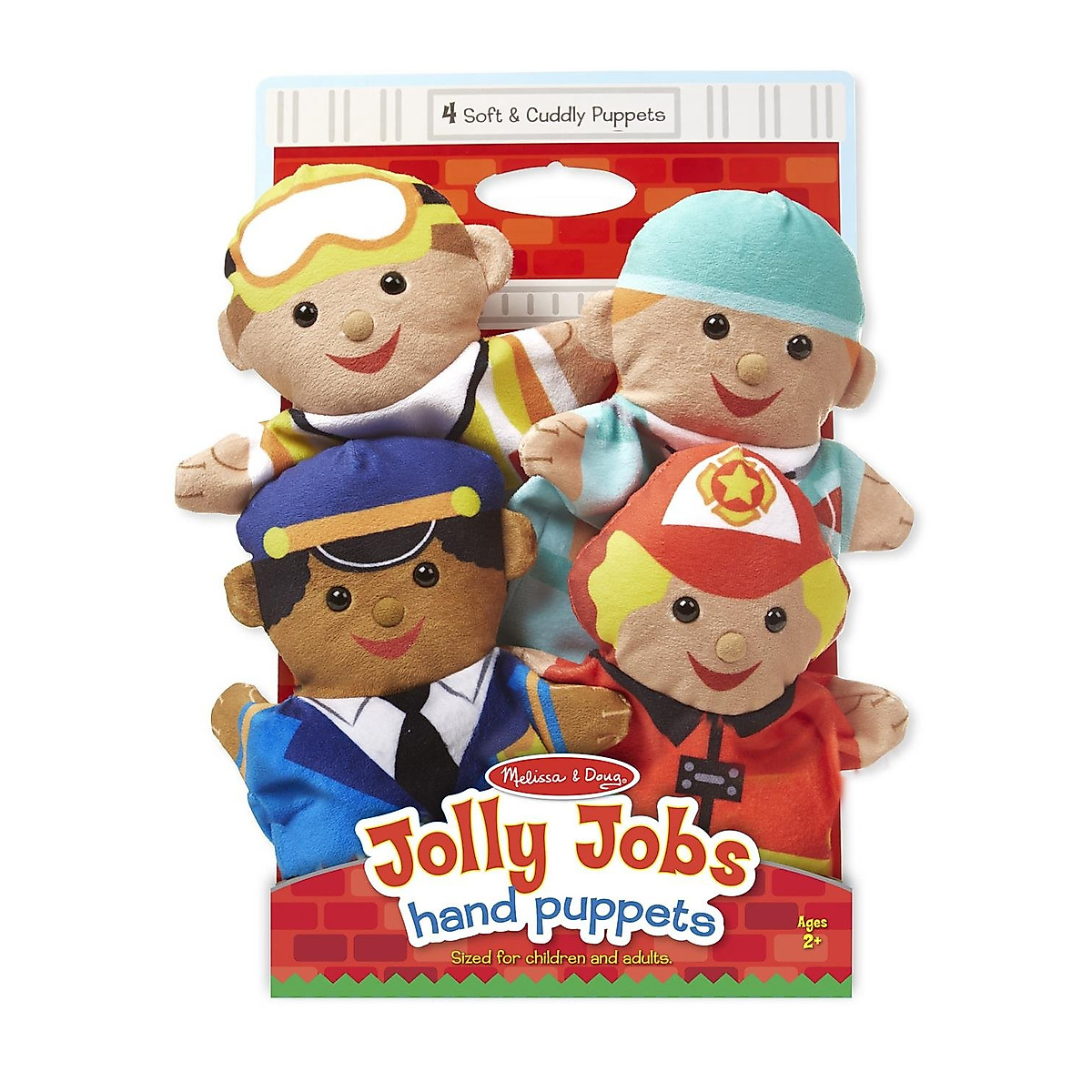 Melissa & Doug Jolly Helpers Hand Puppets (Set of 4) - Construction Worker, Doctor, Police Officer, and Firefighter - Role Play Hand Puppets, Soft Hand Puppets For Toddlers Ages 2+