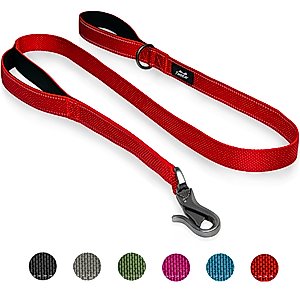 TwoEar 5FT 1IN Strong Red Dog Leash with 2 Padded Handles, Traffic Handle Extra Control, Comfortable Soft Dual Handle, Auto Lock Hook, Reflective Walking Lead for Small Medium and Large Dogs