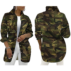 SeNight Camouflage Jacket For Women's Casual With Pockets Sexy V Neck Long Sleeve Button Down Denim Coat