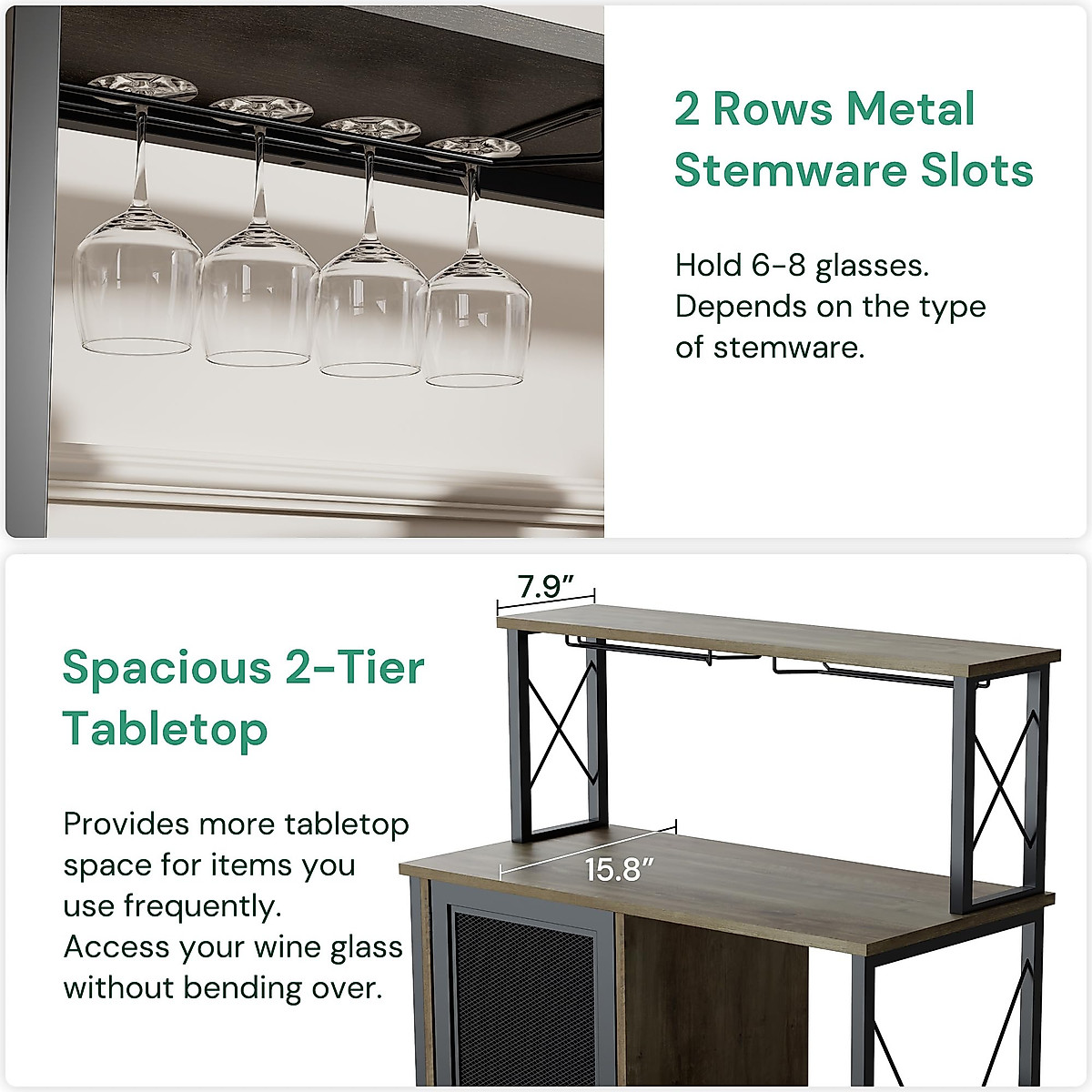 SunsGrove Wine Bar Cabinet with Removable Wine Rack, Coffee Bar Cabinet with Glass Holder, 3 Adjustable Open Shelves, Small Sideboard and Buffet Cabinet with Mesh Door, Wood Color