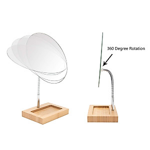 YEAKE Flexible Gooseneck Bamboo Vanity Makeup Mirror,360°Rotation 8" Large Frameless Vanity Mirror Folding Portable Table Desk Mirror with Stand Bathroom Shaving Make Up Mirrors Round