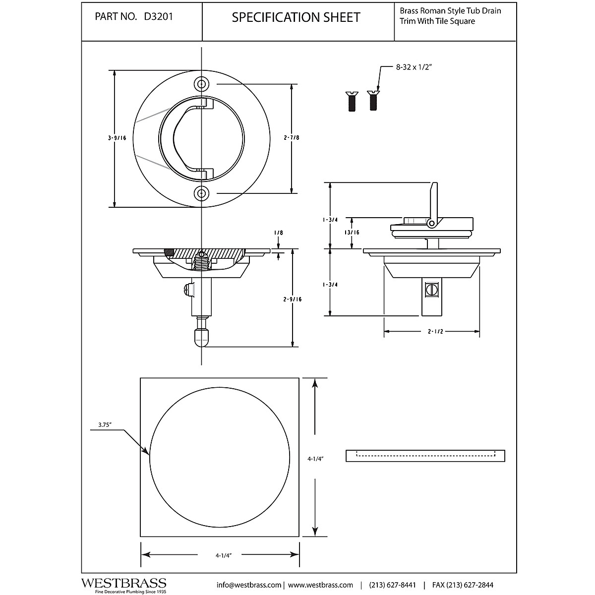 Westbrass D3201-62 Roman Tub Drain Trim with 4-1/4" OD Tile Square, Matte Black