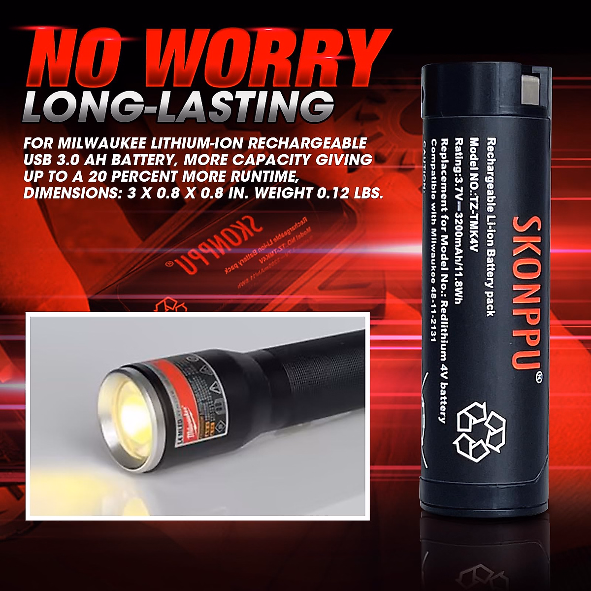 SKONPPU 3.7V 3200mAh Replacement Battery Compatible with Milwaukee 48-11-2131.