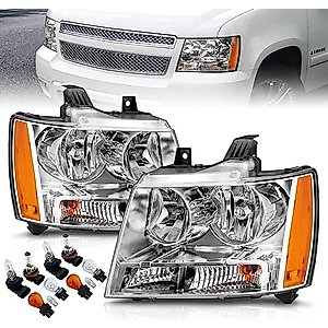 AmeriLite for Chevy 07-13 Tahoe/Suburban/Avalanche Factory Style Chrome Halogen Replacement Headlights Pair - Driver and Passenger Side