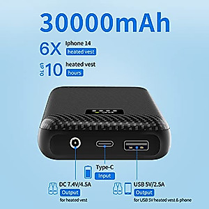 MOSILA Heated Vest Battery Pack, Portable Charger with DC and USB Output Ports, 5V/7.4V 30000mAh Power Bank for Heated Jacket and Heated Hoodie, LED Display Portable Charger for iPhone Android