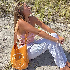 Fifth & Ninth Poppy Smiley Face Retro Knit Bag for Women (Orange)