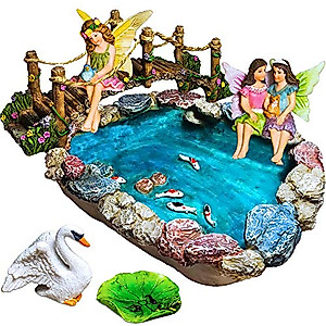 Mood Lab Fairy Garden Fish Pond Kit - Miniature Bridge Set of 6 pcs Fairy Garden Figurines & Accessories - Outdoor or House Decor