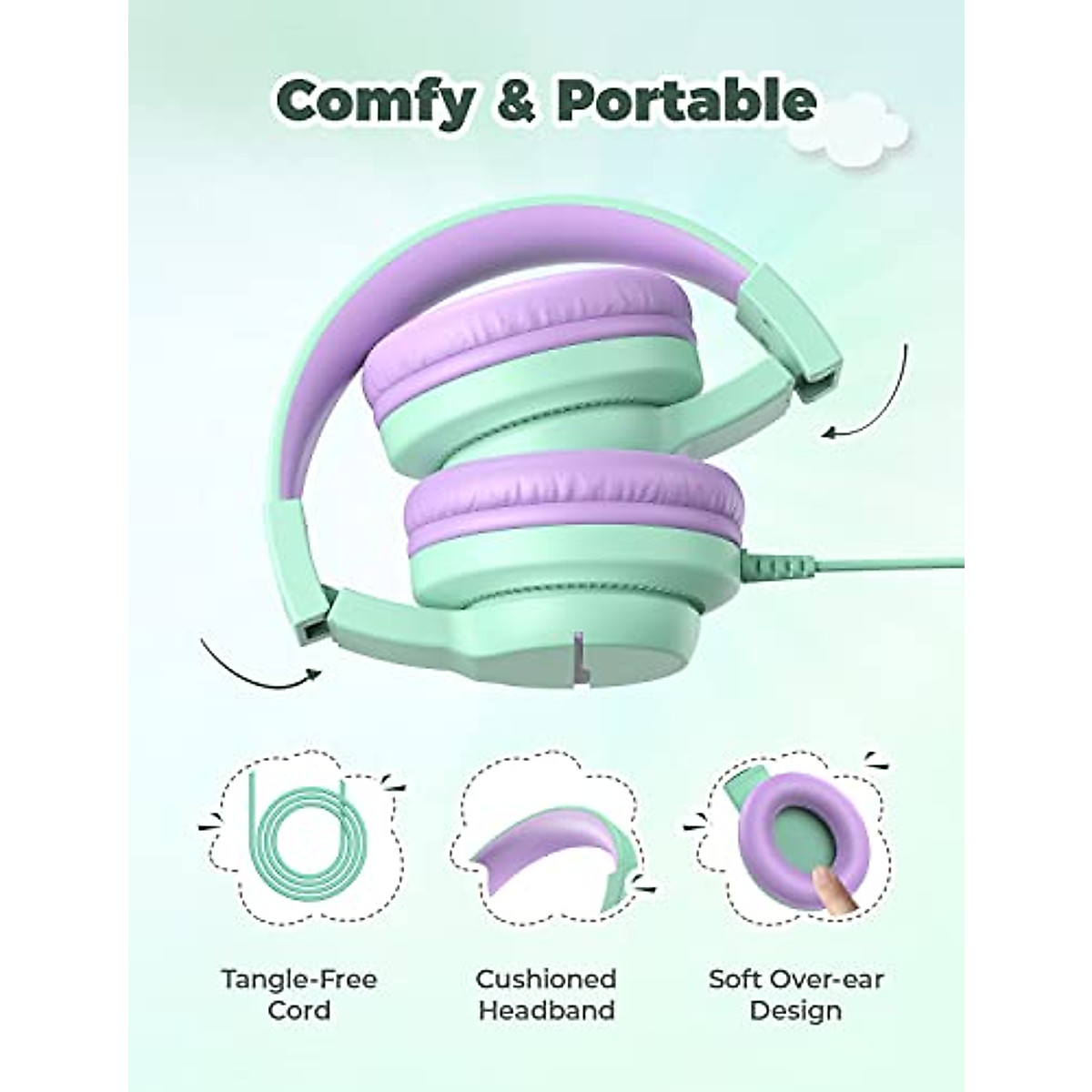 iClever HS19 Kids Headphones with Microphone for School, Volume Limiter 85/94dB, Over-Ear Girls Boys Headphones for Kids with Shareport, Foldable Wired Headphones for iPad/Fire Tablet/Travel, Green