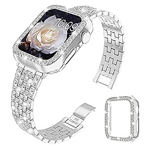 QVLANG Compatible for Apple Watch Band 40mm Series 6/5/4/SE, Diamond Rhinestone Case + Women Bling Band Stainless Steel Metal Bracelet for iWatch (Silver, 40mm)