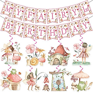 NO-DIY My Fairy First Birthday Decorations Banner Hanging Swirls, Fairy Birthday Decorations, Flower Fairy Themed Birthday Party Decorations Includes 1 Banner 16 Hanging Swirls for Girls Baby Shower
