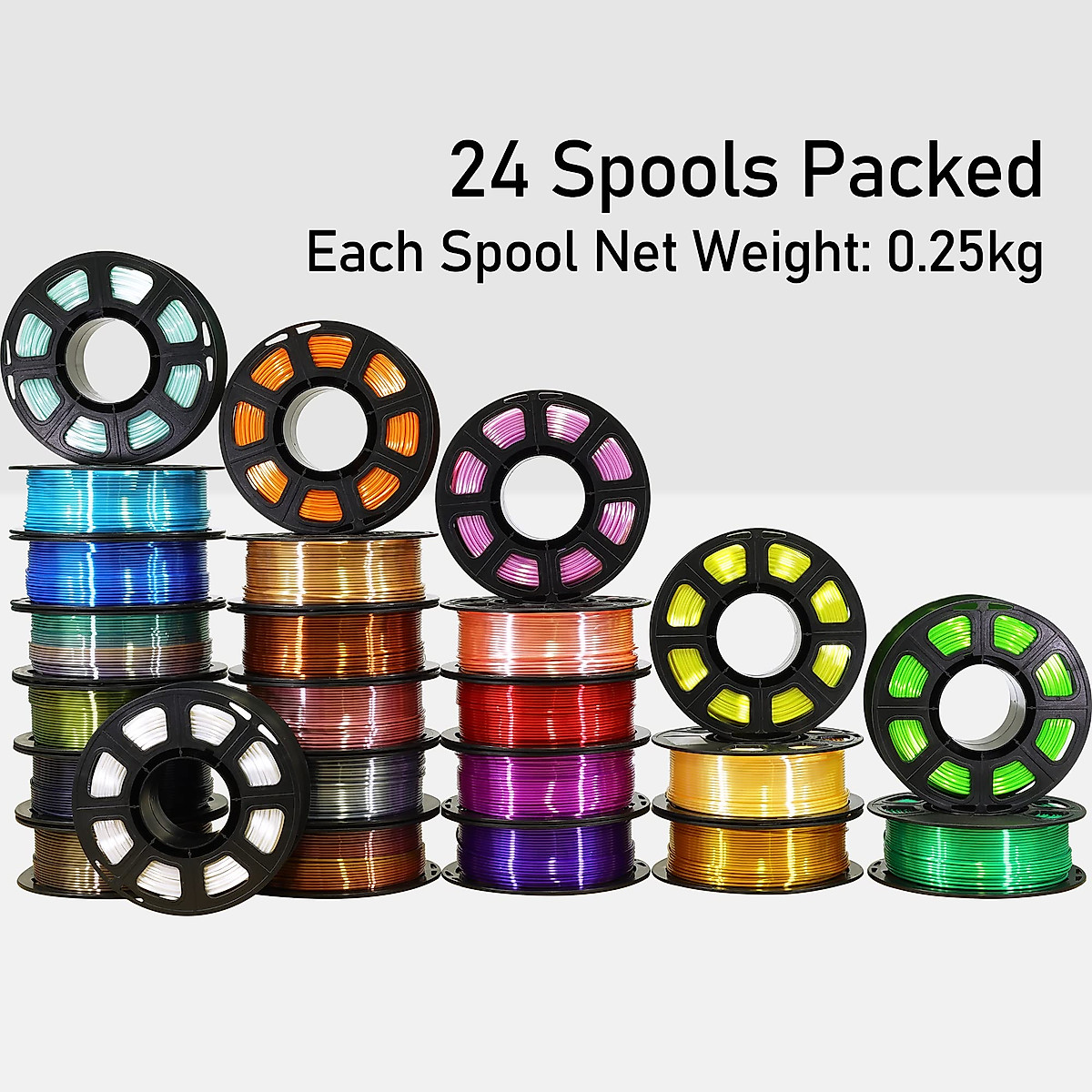 24 Colors 1.75mm Silk Shiny PLA Filament Bundle Pack, It Include 24 Silk Shiny Luster Beautiful Bright Colors, Each Spool 250g, 24 Spools Packed, Total 6Kg 3D Printer Filament Material by MIKA3D