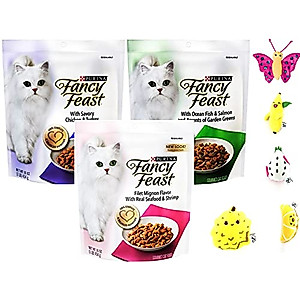 Fancy Feast Gourmet Dry Cat Food (3) Flavor Variety Pack (Filet Mignon, Ocean Fish and Salmon, Chicken and Turkey) Plus Aurora Pet Catnip Toy