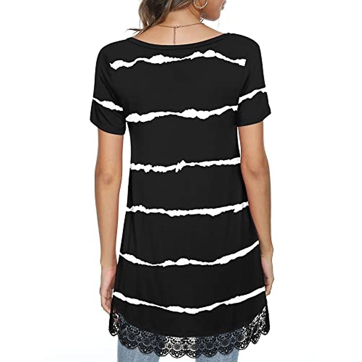 POPYOUNG Women's Summer Casual Short Sleeve Tunic Tops to Wear with Leggings V-Neck T-Shirt Loose Blouse,Lace Hem XL, Stripe Black