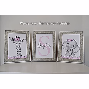 Personalized Safari Animals for Baby Girls Nursery Bedroom Unframed Set of 3 Poster Prints, Personalized Name Pink Purple Flowers Wall Art Decor New Baby Gift Present, Elephant Giraffe Panda Zebra Lion (8x10)