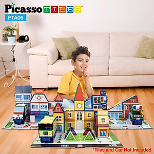 PicassoTiles 80pc School, Hospital, Police Station 3-in-1 Theme Magnet Self Adhesive Backing Stick-On Puzzle Graphic Kit and Overlay Maps for Magnetic Building Blocks STEM Learning Construction Toy