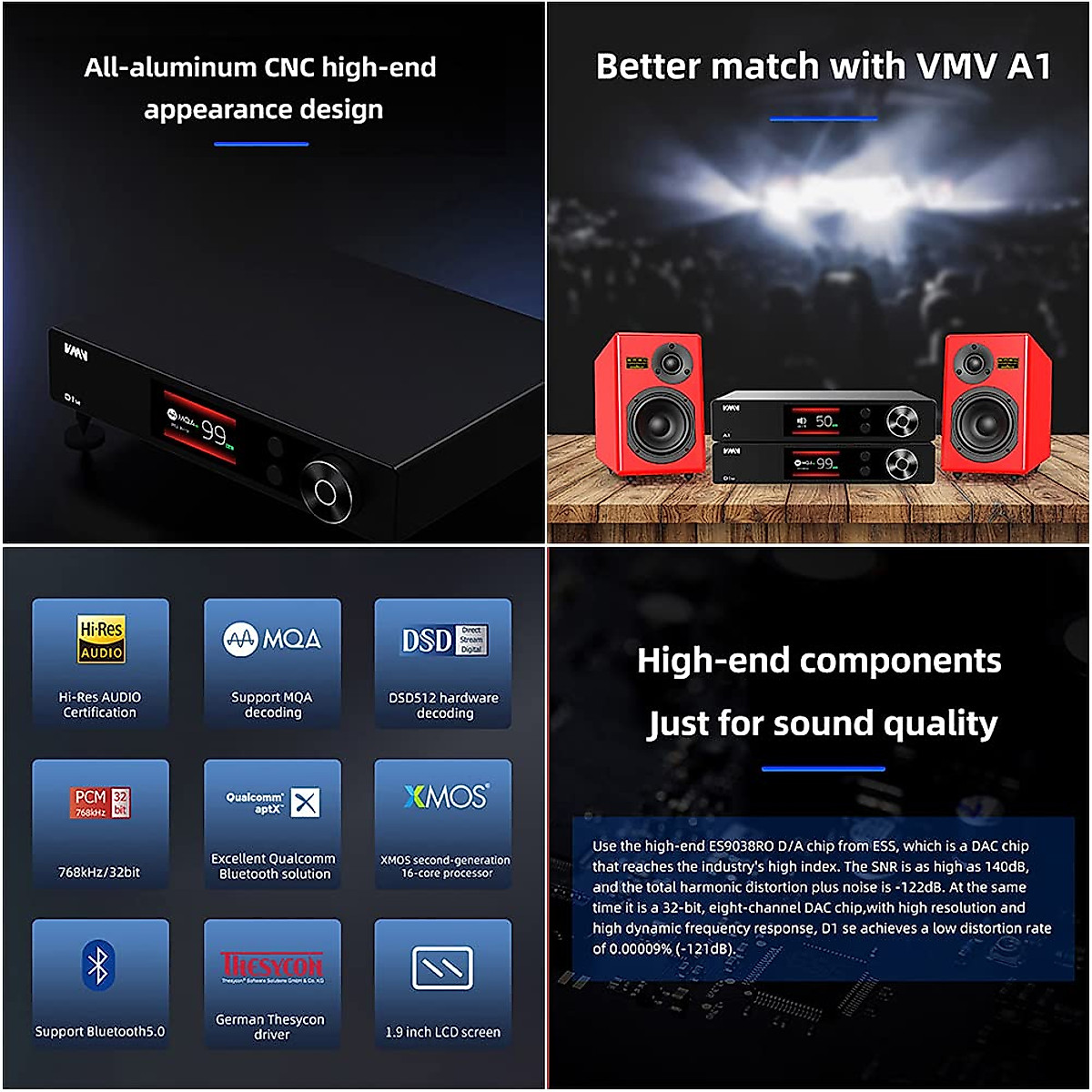 SMSL VMV D1se MQA USB DAC DSD512 768kHz 32Bit Bluetooth 5.0 Desktop Stereo Decoder Hi-Res Audio HiFi DAC ES9038PRO with XLR Output