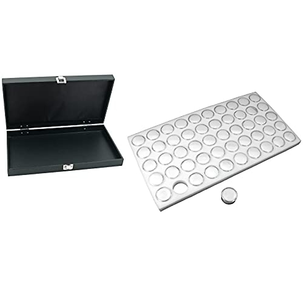 Black Jewelry Display Case (Single Metal Clasp) w/ 1 Gem Jar Insert (50 Gem Jars, White Foam)