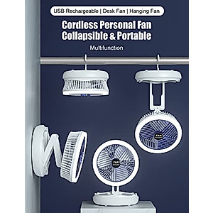 NORMIA RITA 7In Foldable Small Desk Fan with Light, Multifunction Personal Fan with Dimmable LED Light Quiet Rechargeable Portable Fan with Hanging Hook/Wall Mounted for Home Office Travel