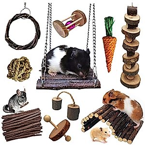 Syhemtya Chinchilla Toys Hamster Chew Toys Guinea Pig Toys Rat Toys Hamster Cage Accessories Small Animal Teeth Care Apple Wooden Accessories Set,Ball Ladder Bridge Swing Roller for Playground
