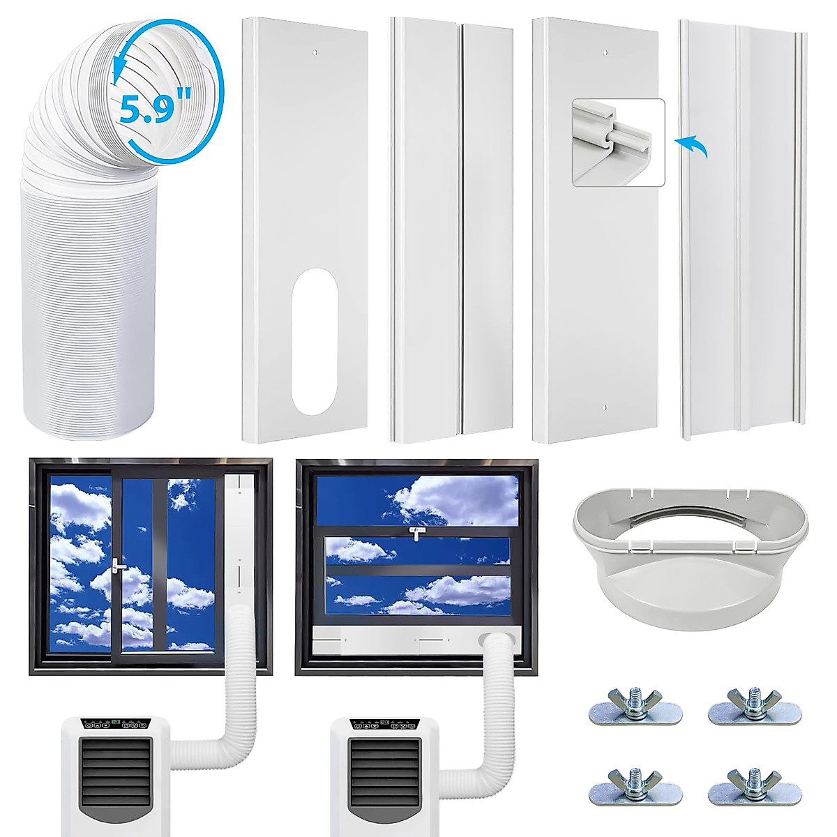 Estoder Portable AC Window Vent Kit with 5.9 Inch Exhaust Hose (78.7Inch Length), Adjustable Window Seal for Portable Air Conditioner, Universal 3x21.7” AC Seal Plate with Coupler for Sliding Windows