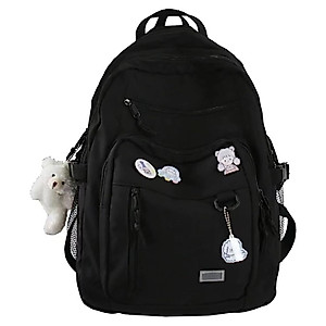 Aesthetic Backpack Cute Kawaii Backpack with Pins and Pendant Laptop Bag Casual Daypack for Women (Black,One Size)