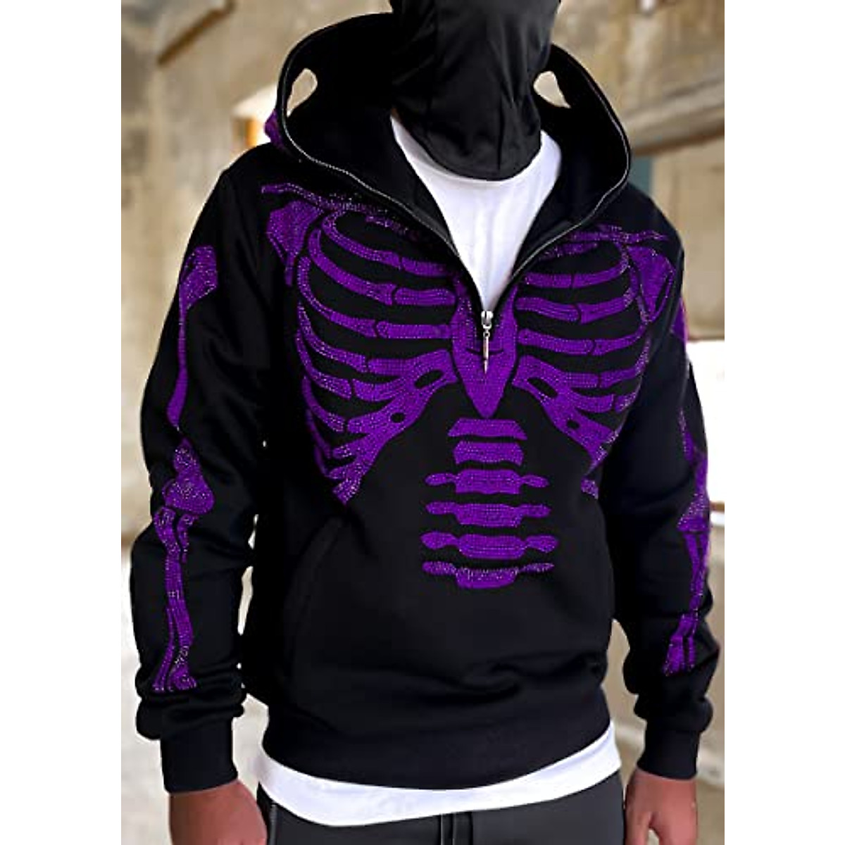 Easyoyo Skeleton 1/4 Zip Up Hoodie for Men Women, Gothic Diamond Glitter Oversize Grunge Punk Dark Sweatshirt