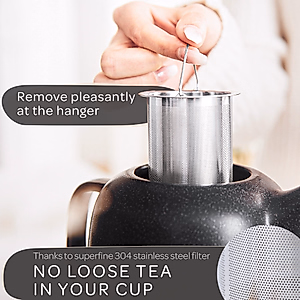 Steinzeit Design Tea Pot (44 oz) - Premium Ceramic Teapot with Infuser for Loose Tea - Black Teapot Ceramic with Removable Strainer