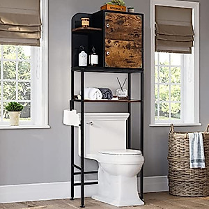 Becko US Over The Toilet Storage Cabinet with Doors & Adjustable Shelves, Bathroom Storage Organizer Shelf with Toilet Paper Holder, Tall Freestanding Multifunctional Rack
