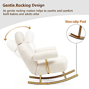 Tmsan Modern Rocking Chair, Upholstered Nursery Glider Rocker, Accent Chairs for Living Room, Comfy Sherpa Fabric Armchair with Adjustable Headrest, White