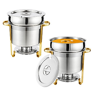Restlrious Soup Chafer 7 QT Stainless Steel Round Soup Warmer, Large Marmite Soup Chafer with Pot Lid and Fuel Holder in Gold Accent, for Catering Parties Events Banquets, Commercial Grade 2 Pack