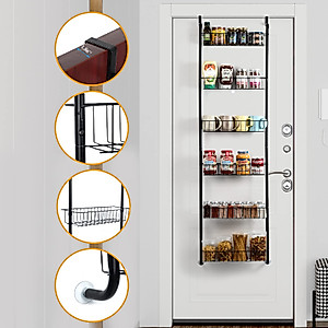 6-Tier Over the Door Pantry Organizer Rack, Hanging Storage Metal Rack with 6 Baskets, Door Organization Kitchen Spice Rack, for Kitchen Bathroom Bedroom(Black)