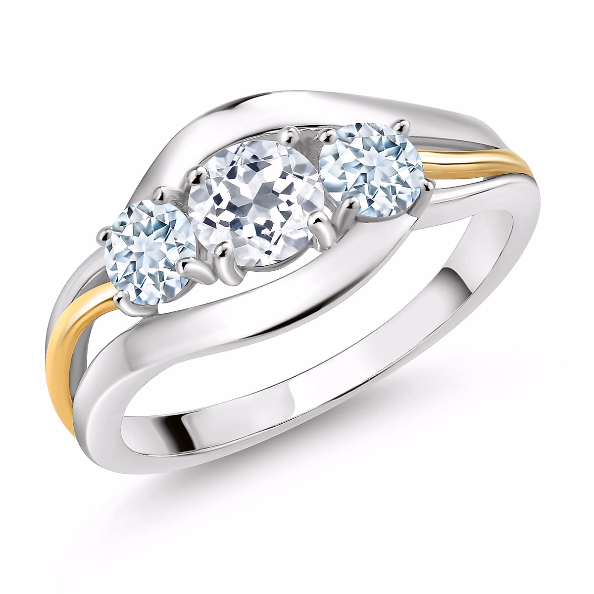 Gem Stone King 925 Sterling Silver and 10K Yellow Gold Round White Topaz and Sky Blue Aquamarine 3 Stone Ring For Women (1.10 Cttw, Available In Size 5, 6, 7, 8, 9)