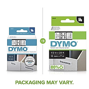 DYMO Standard D1 Labeling Tape for LabelManager Label Makers, Black Print on White Tape, 1/2'' W x 23' L, 1 catridge (45013)