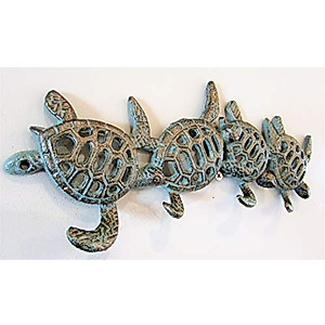 Cast Iron 11.5" Seafoam Green Bronze Sea Turtle Coat Hat Key Purse Bag 4 Hook Rack