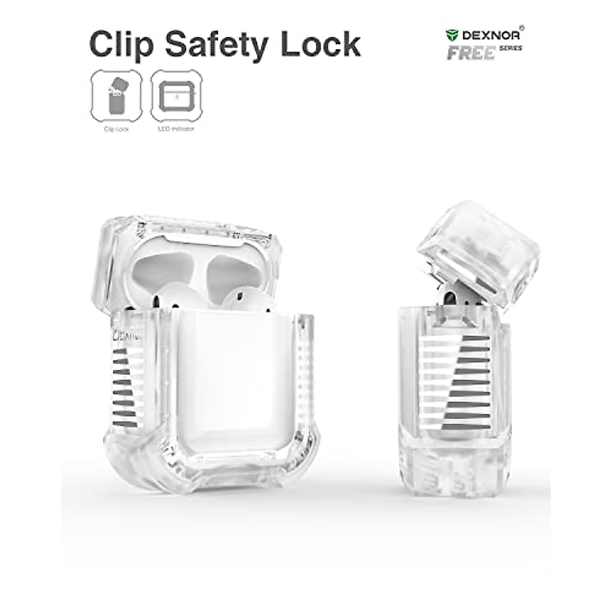 Dexnor Compatible with Airpods 1&2 Case, Clear Hard 2-Peice AirPods 1st(2016) & AirPods 2nd(2019) Generation Case with Keychain Clip for Boys Girls Women Men[LED Visible Support Wireless Charging]