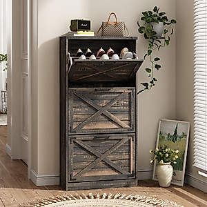 Maupvit 24" W Farmhouse Shoe Cabinet Storage for Entryway, Freestanding Organizer with 3 Flip Drawers, Narrow Shoe Rack Cabinet with Metal Corner Decoration, Dark Rustic Oak