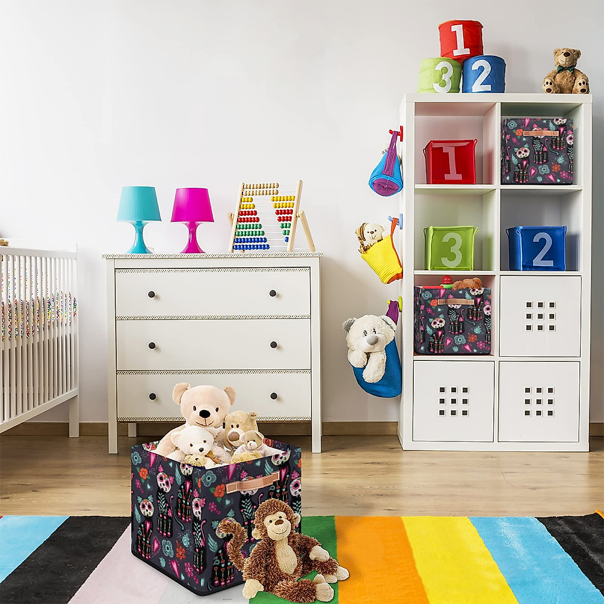 Storage Cube Bin Day Of The Dead Cats Halloween Flowers Large Storage Cube Basket 13×13In, Collapsible Storage Bin with Handles, Fabric Storage Box for Closet Shelves Nursery Toys Home Organization