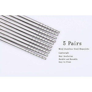 5 Pairs Silver Stainless Steel Chopsticks Reusable Lightweight Metal Chopsticks Dishwasher Safe
