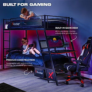 X Rocker Armada Gaming Bunk Bed, Durable Metal Frame, Built-in Gaming Desk, Safe Ladder, Grid Mesh Sides, 7000301, 95.6" x 41.5" x 64.2", Twin Over Twin, Black