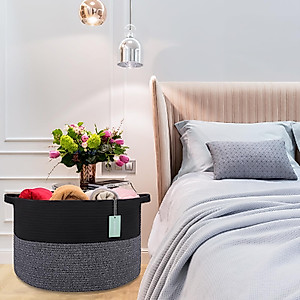 BOSROTY Large Laundry Hamper Basket for Clothes 72L, Nursery Hamper, Blanket Basket, Clothes Basket Laundry, Woven Storage Basket, Toy Basket, Cotton Rope Laundry Basket, 16”x 22”, Black & Gray