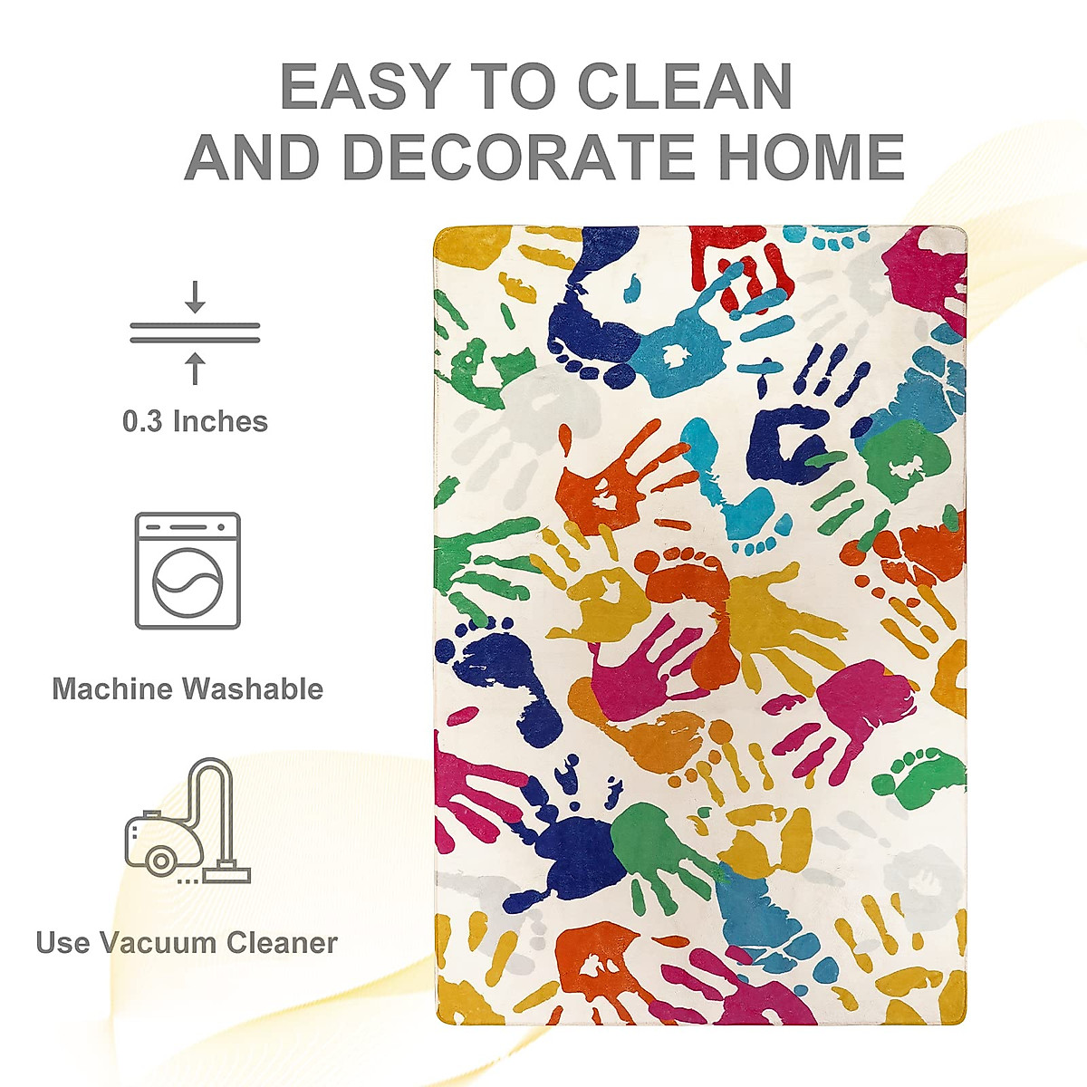 STARUIA Handprints and Footprints Large Kids Rug 5'x7', Washable Colorful Area Rug for Nursery Room, Non-Slip Play Mat Ultra Soft Indoor Carpet for Bedroom Playroom Classroom