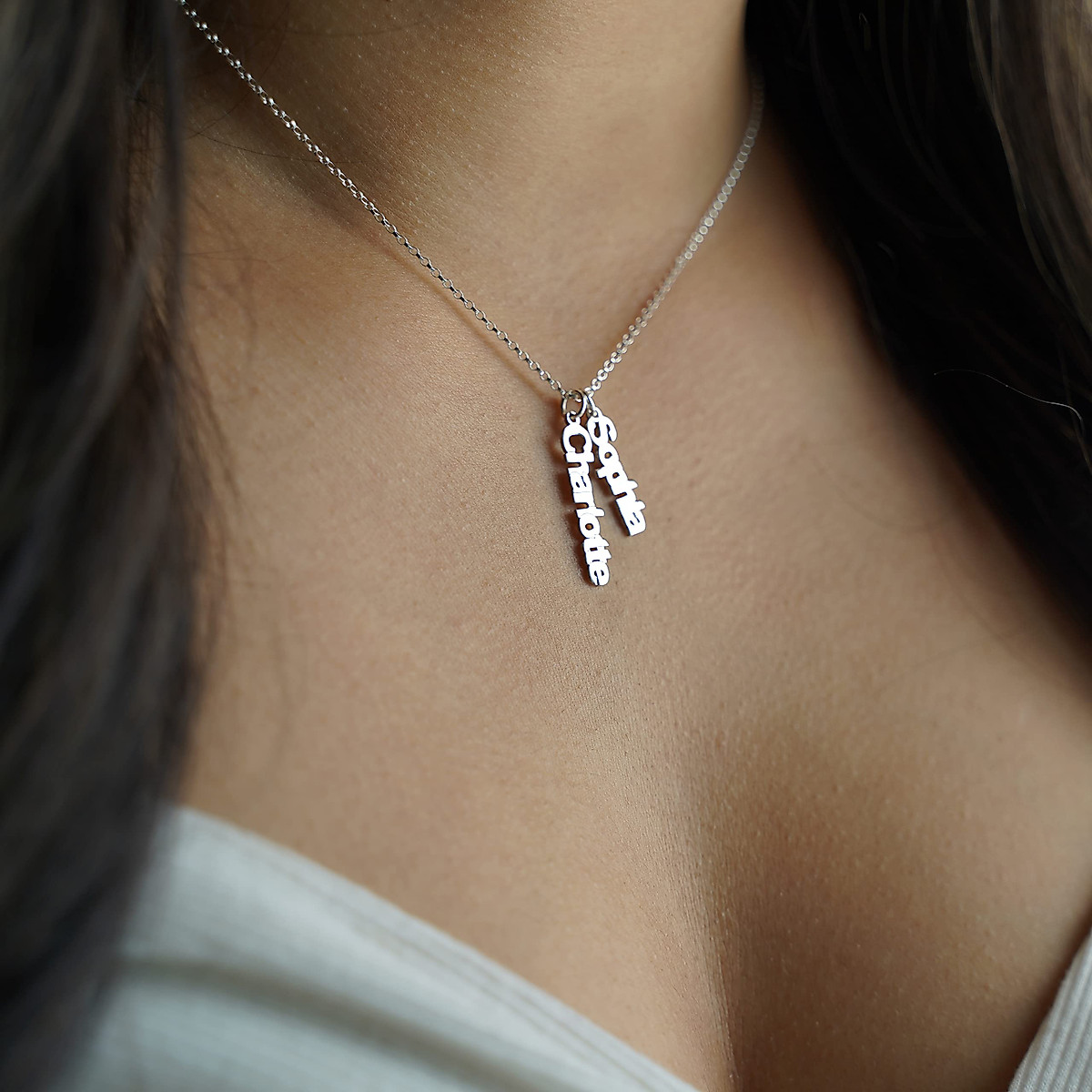 AJ's Collection Personalized Double Sidelong Nameplate Sterling Silver Necklace. Customize Two Charms. Choice of Sterling Silver Chain. Keep The Key to Your Heart, Close to Your Heart for Couples.